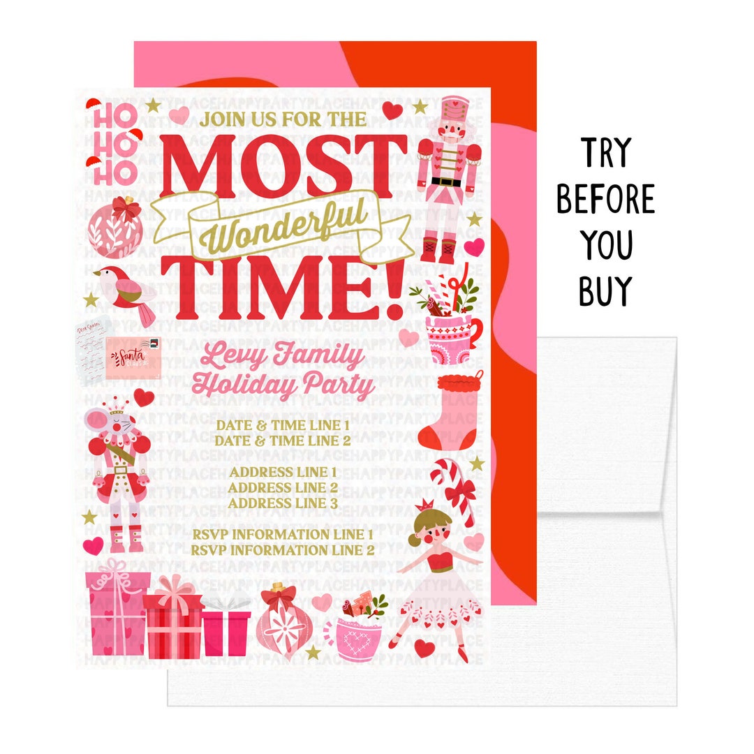 Red and Pink Christmas Party Invitation, Pink Red Holiday Party Invite ...