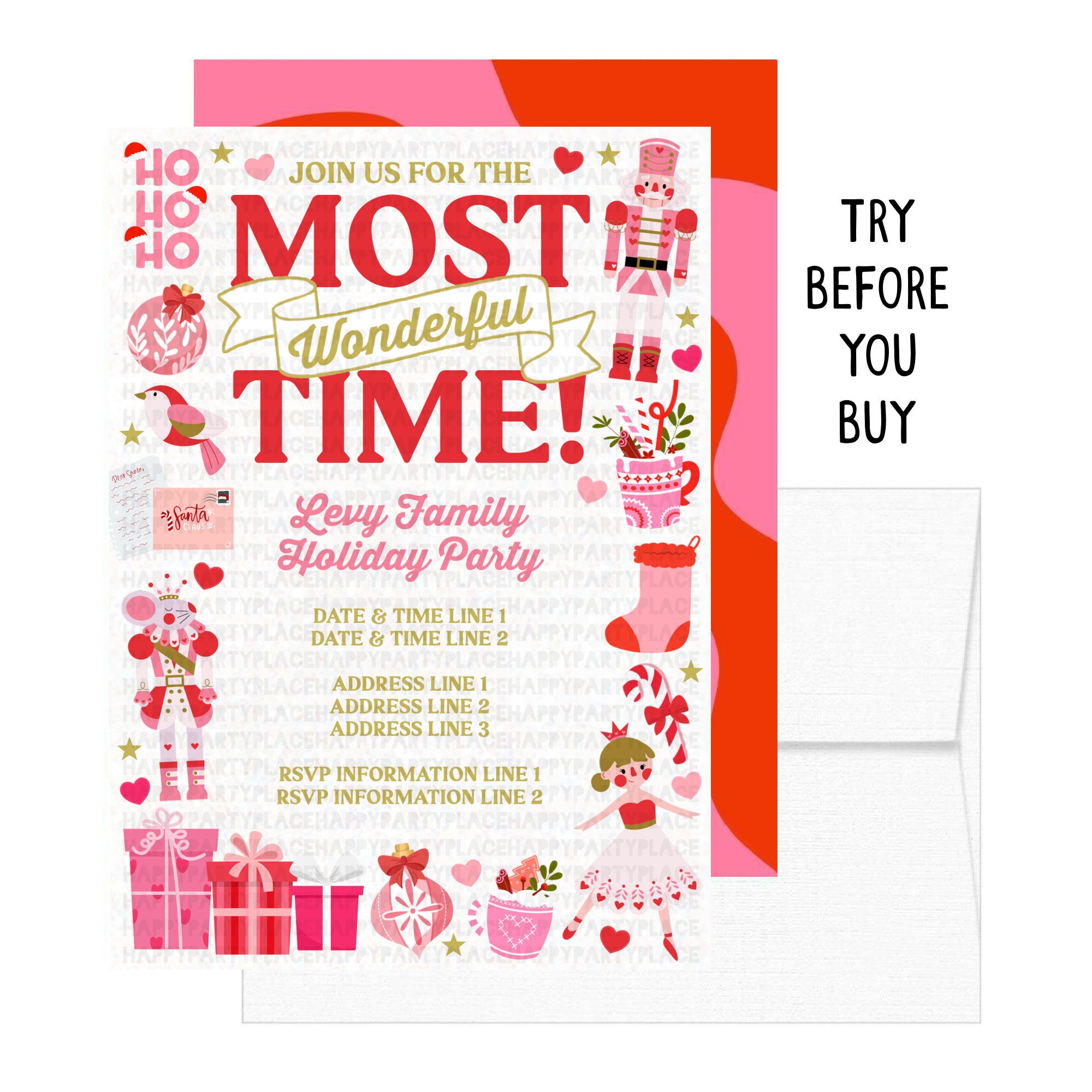 Red and Pink Christmas Party Invitation, Pink Red Holiday Party Invite ...