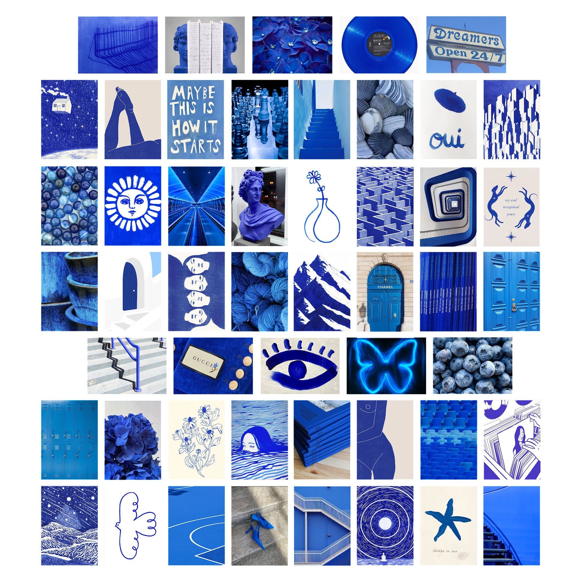 50PC Blue Digital Stickers, Shades of Blue Aesthetic, Wall Prints, Art ...