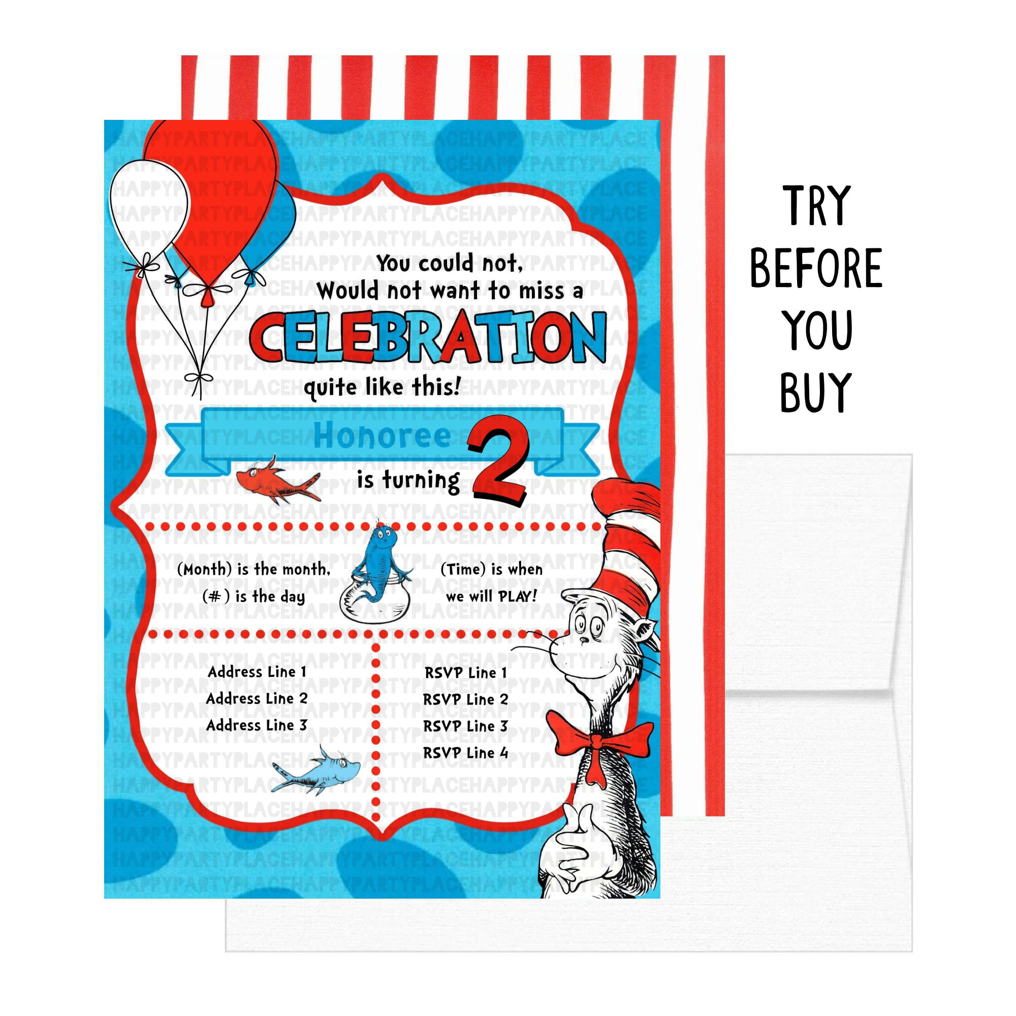Dr Seuss Party Invitation, Seuss Birthday Party Invitations, Cat in the ...