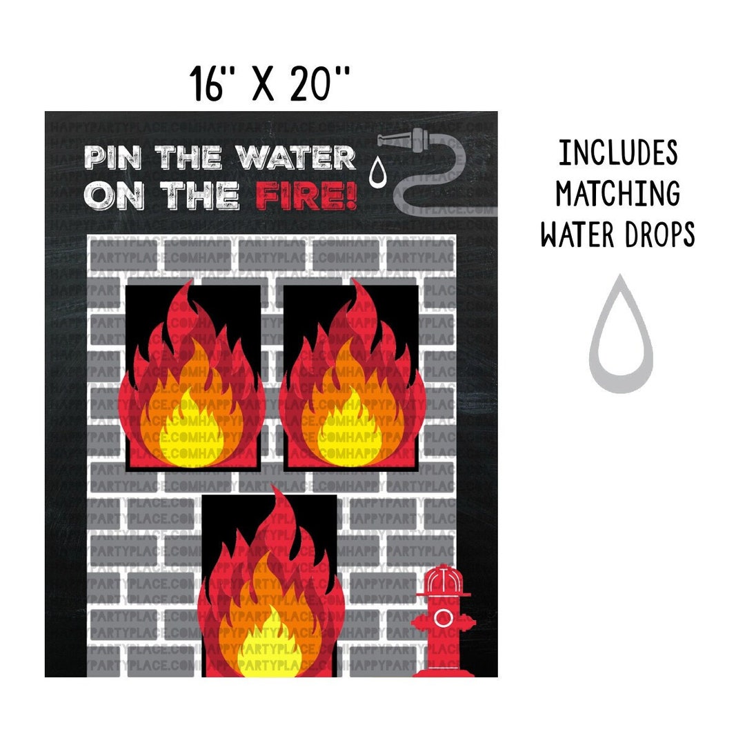Firefighter Party Game, Pin the Water Drop on the Fire, Firetruck Party ...
