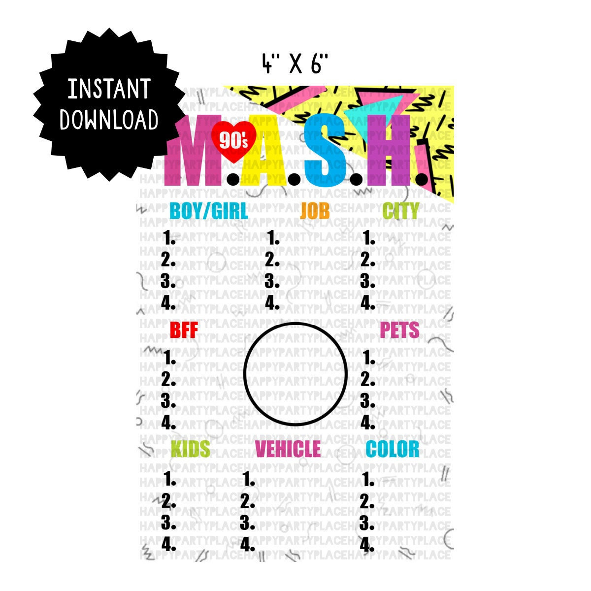 90's Party Game, Printable MASH 90's Party Games, 90's Theme Party, DIY ...