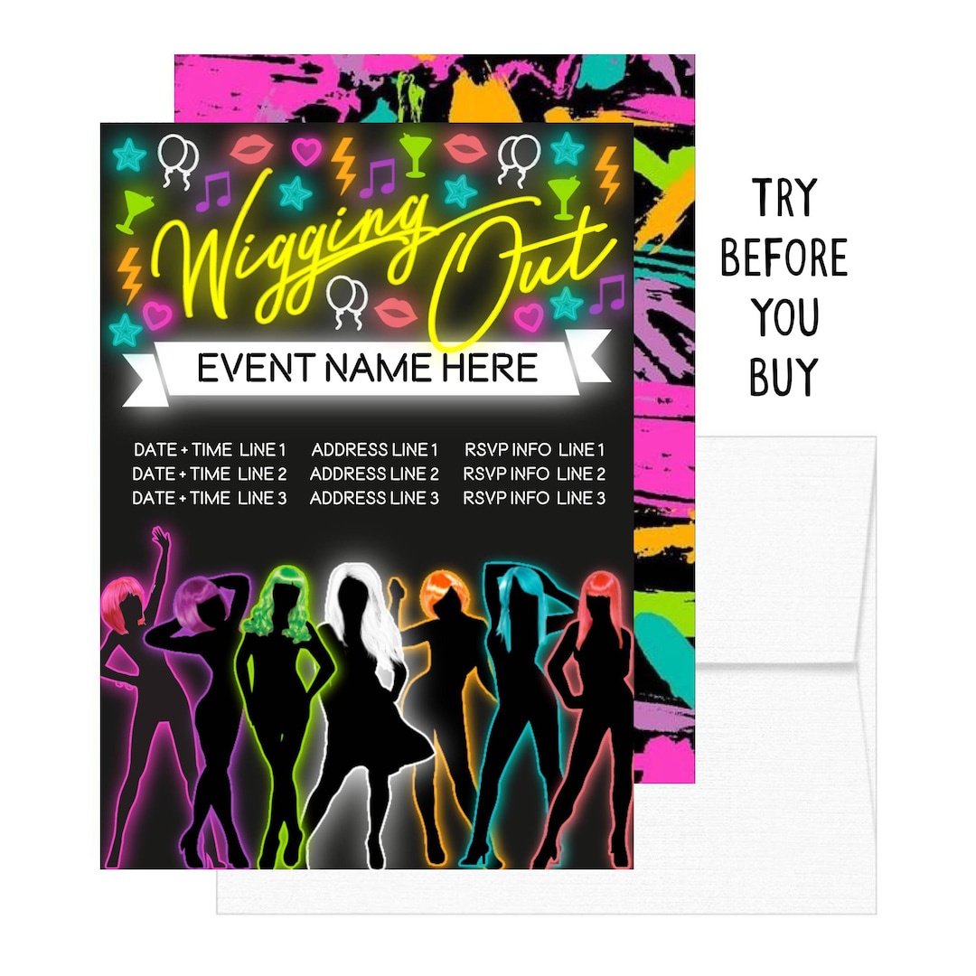 Wigging Out Party Invitations, Wig Out Party Invitation, Neon Wig ...