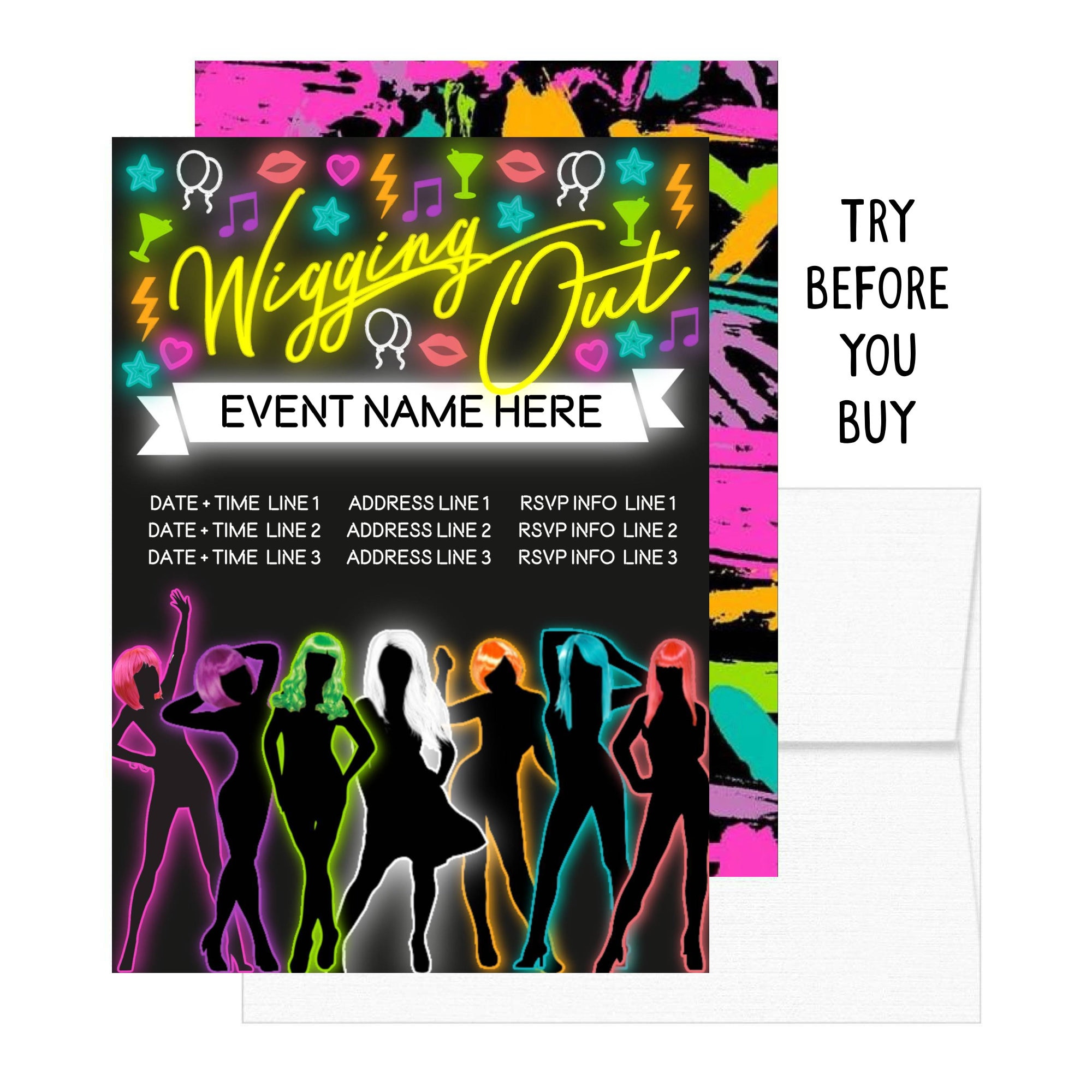 Wigging Out Party Invitations, Wig Out Party Invitation, Neon Wig ...