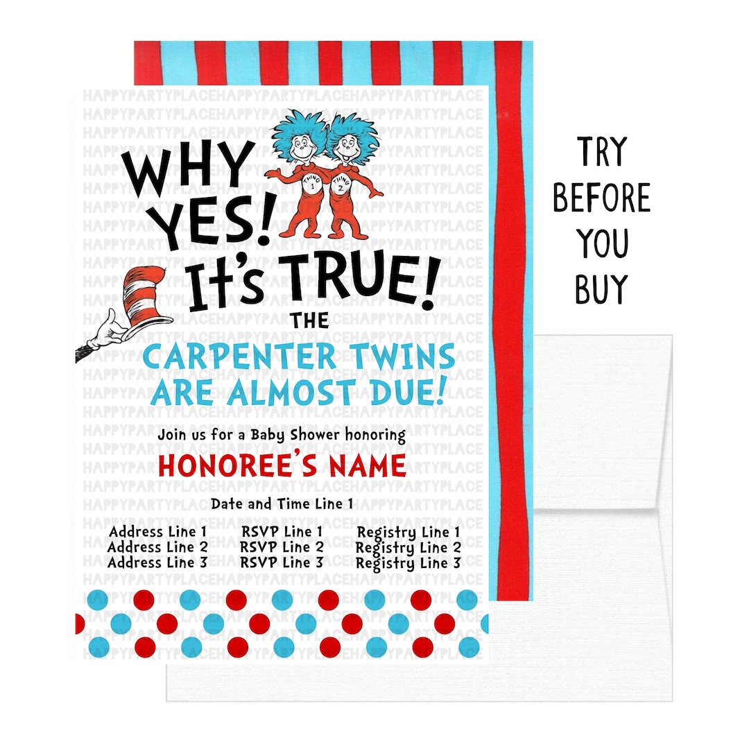 Seuss Baby Shower Invitation, Thing 1 Thing 2 Baby Shower Invite ...