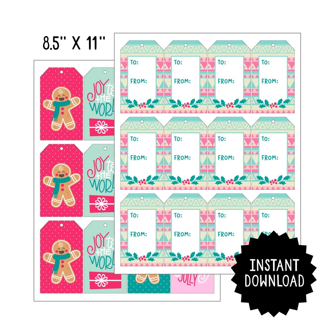 Instant Download Printable Pink and Teal Christmas Gift Tags, Cute ...