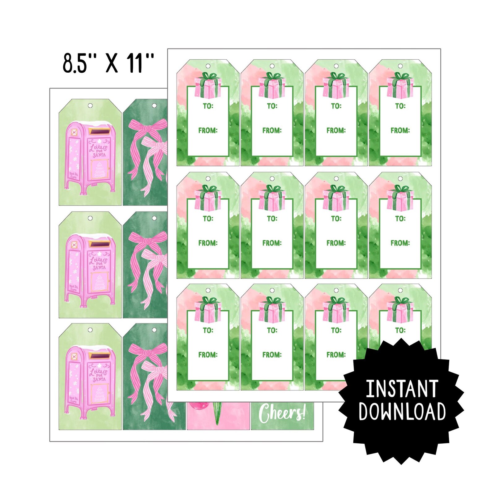 Instant Download Printable Pink and Green Christmas Gift Tags, Cute ...