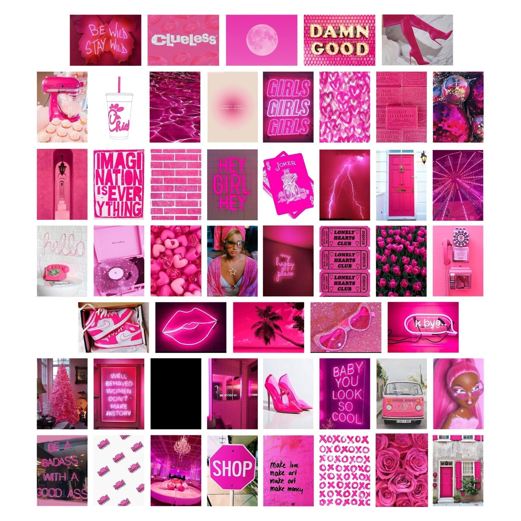 50PC Assorted Hot Pink Aesthetic Art Prints, Trendy Hot Pink Wall ...