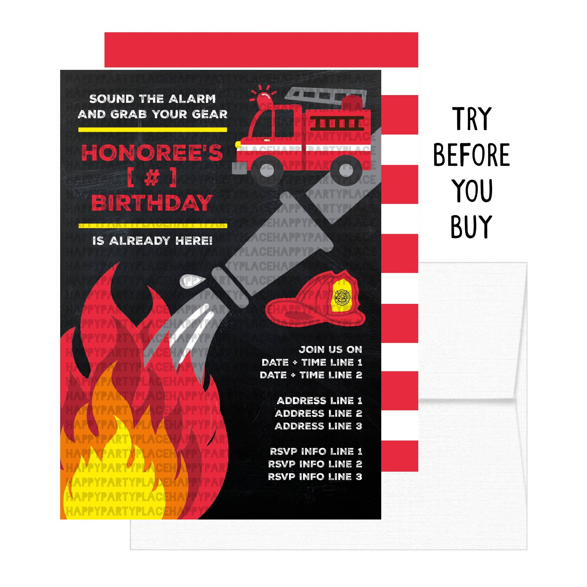 Firefighter Birthday Party Invitation, Firetruck Party Theme, Fire ...