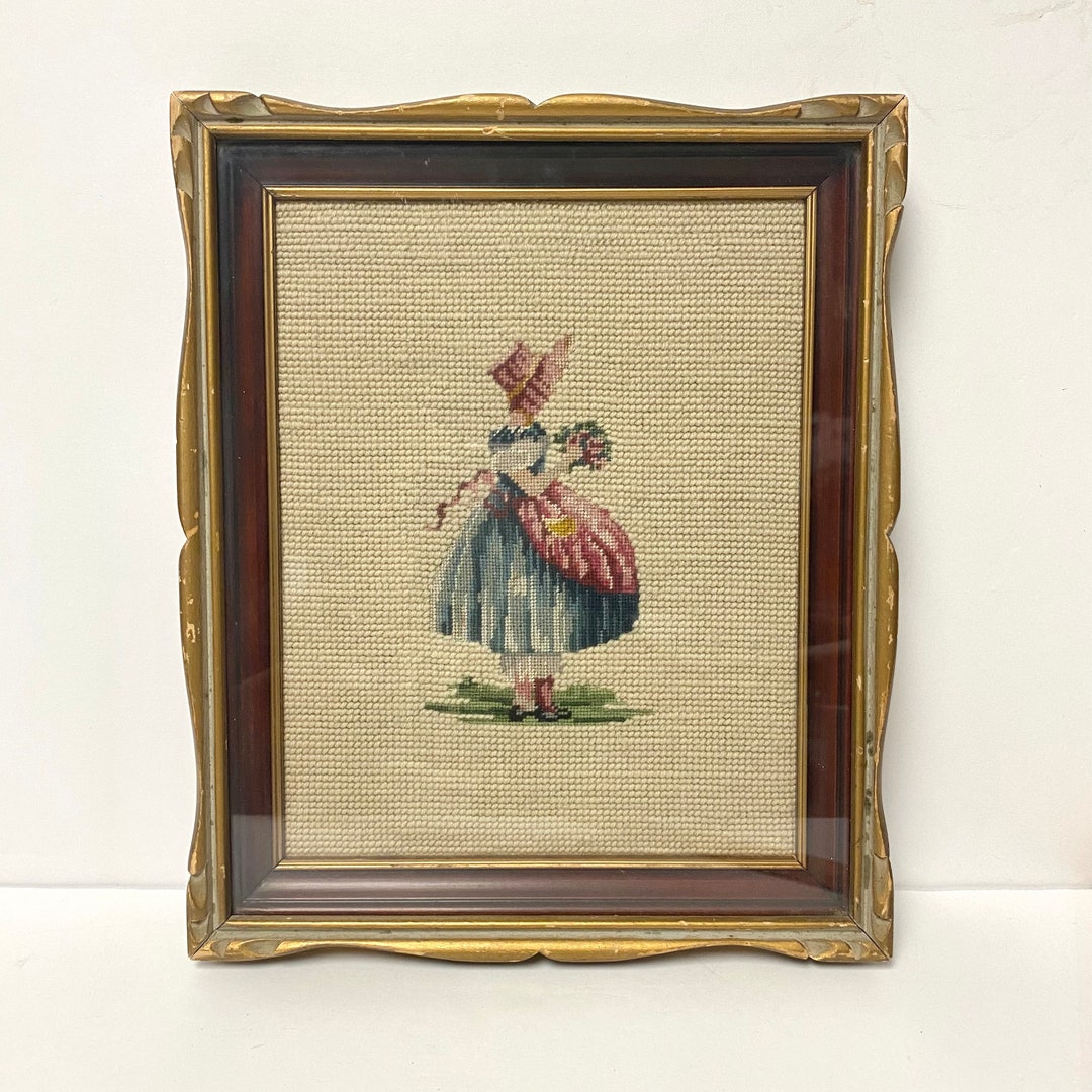 Vintage Needlepoint of a Victorian Little Girl Gathering Flowers Framed ...