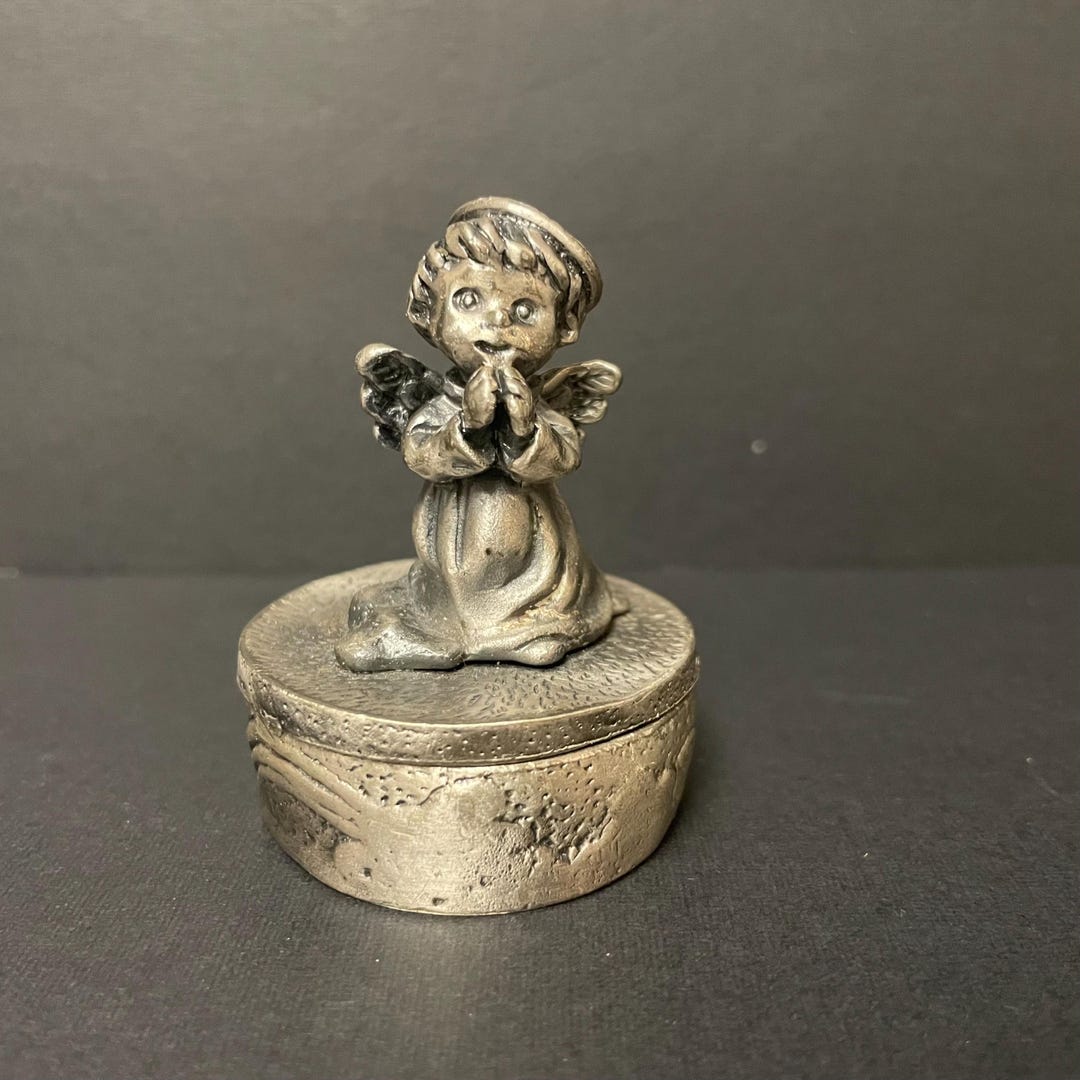 Vintage Pewter Angel Trinket Box Ring Dish Tooth Fairy Ring Box Heavy ...
