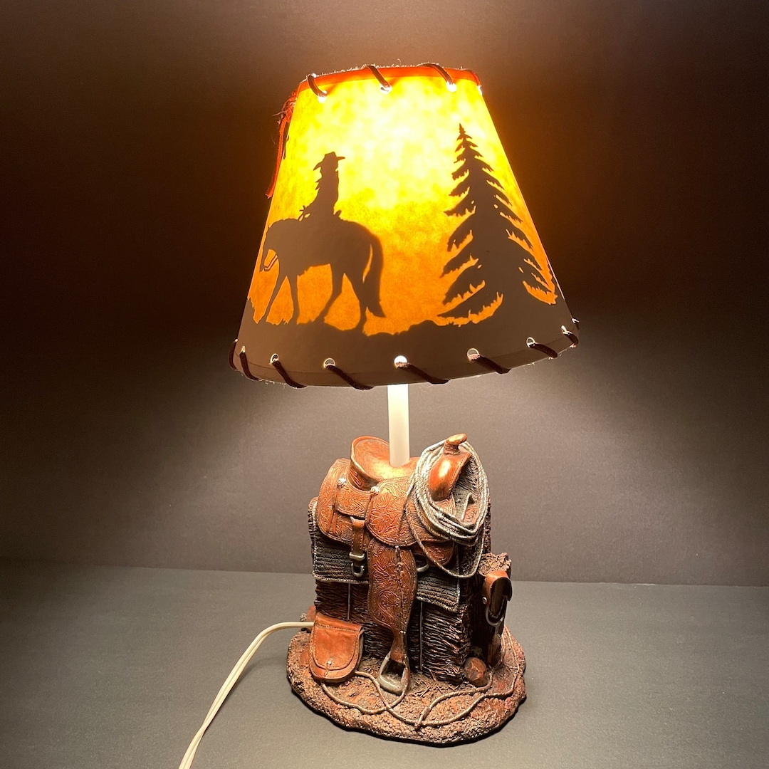Vintage Western Heritage Saddle Lamp With Riding Cowboy and Trees ...