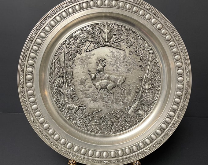 Vintage WMF Zinn Pewter Deer and Fawn Decorative Plate Hunting Scene ...