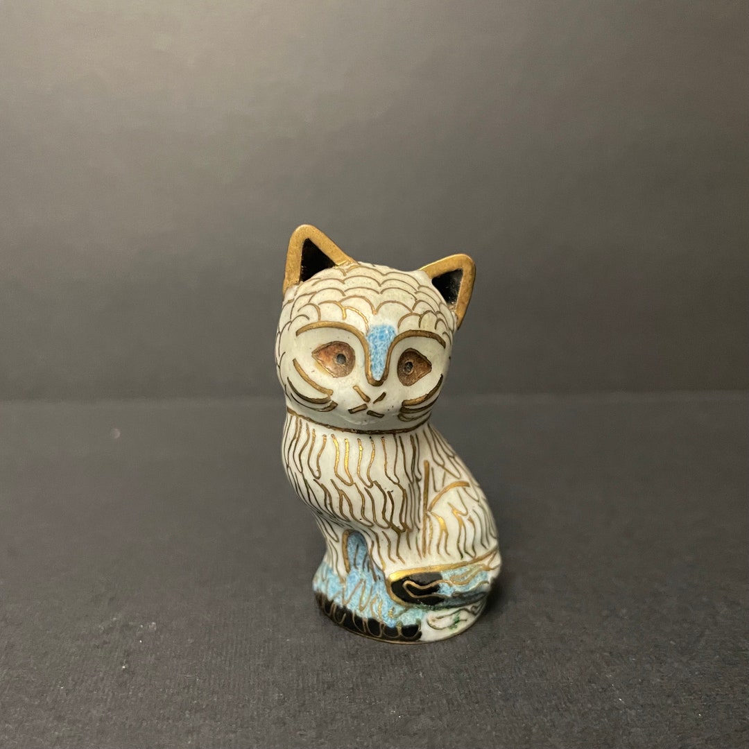 Vintage Cloisonné Cat Figurine in White Gold Black and Blue Kitty Cat ...