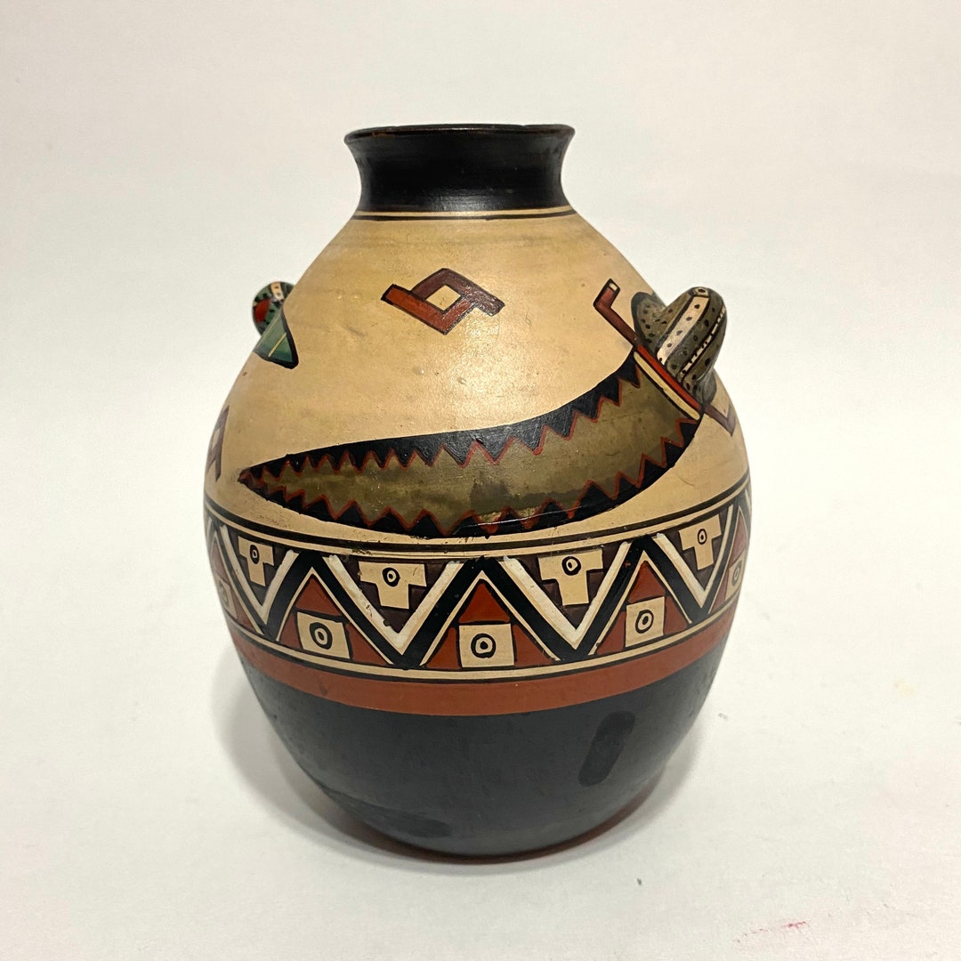 Vintage Clay Vase, Aztec Pattern Mexican Style Earth-tone Vase With ...