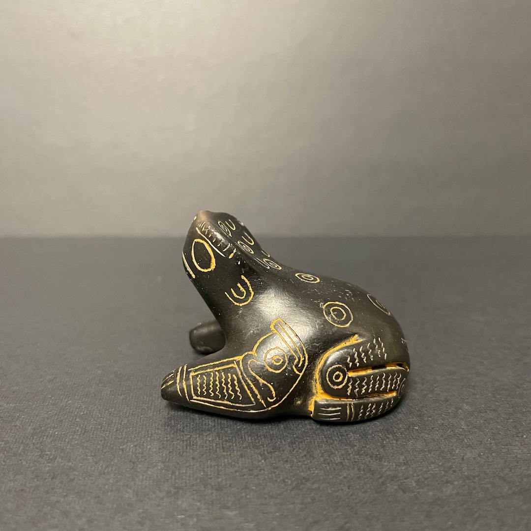 Vintage Frog Figurine Aztec Tribal Abstract Art Black Sculpture With ...