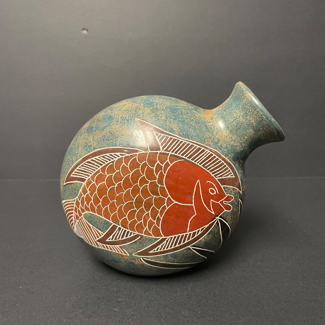 Vintage Elsa Mercado Pottery Vase With Fish on Both Sides and Sea Weed ...