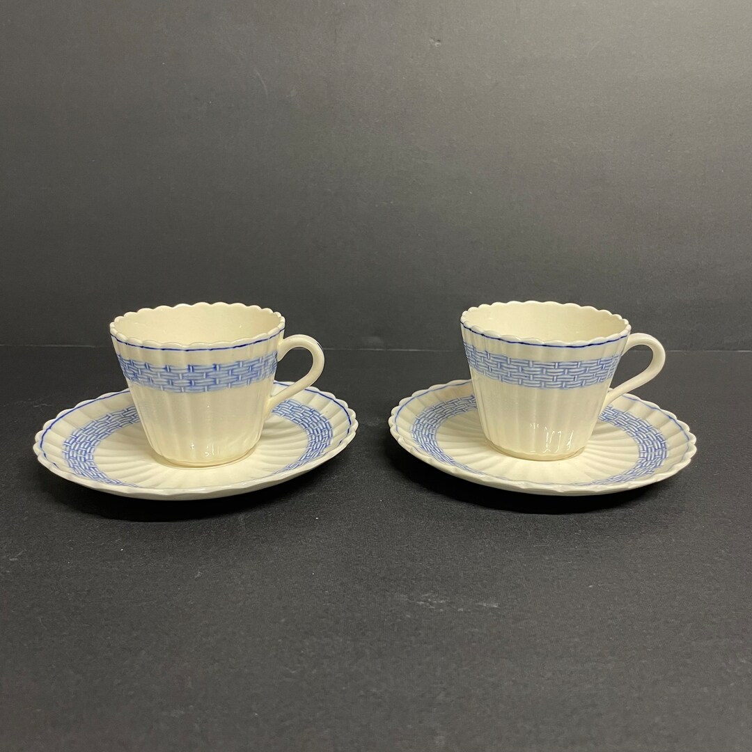 Vintage Copeland Spode Demitasse Set of 2 Cup and Saucer Set Blue and White Basket Weave Pattern ...