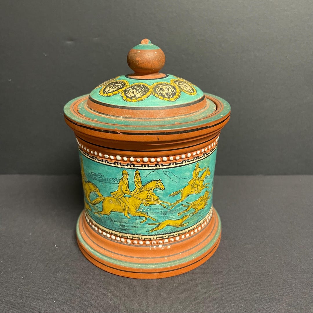 Vintage Prattware Egyptian Griffin Tobacco Jar Horsemen and Dog Images ...