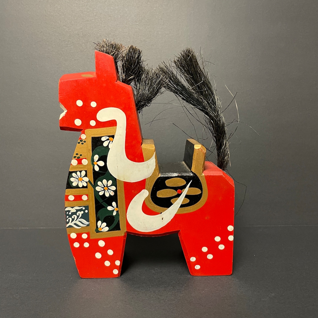 Vintage Large Horse Yawata-uma Lucky Horse Wooden Figurine Japanese Red ...
