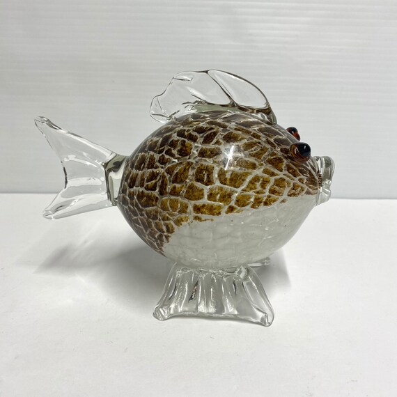 Vintage Hand Blown Glass Puffer Fish Brown and White Tiger | Etsy