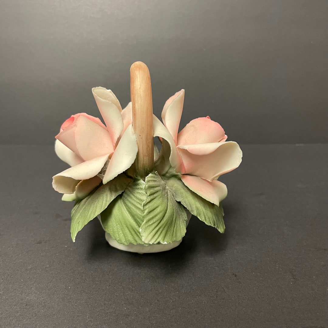Vintage Nuova Capodimonte Porcelain Pink Rose Basket Figurine Italian ...