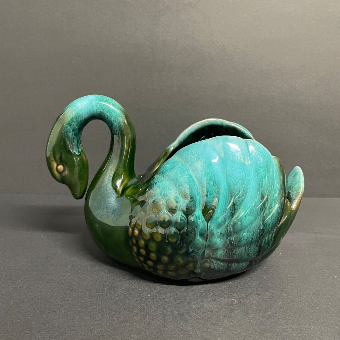 Vintage Ceramic Swan Planter Green and Aqua Mid Century Jewelry Box ...