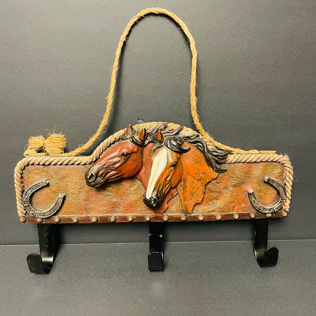 Vintage Wooden Horse and Mare 3 Hook Coat Rack Wall Hanging Barn ...