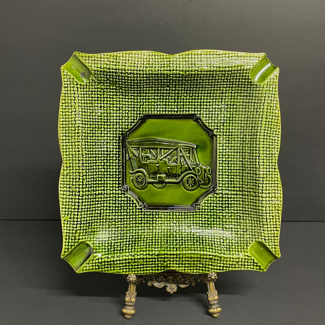 Vintage Large Green Ashtray Retro Car Design Ceramic Japanese Square ...