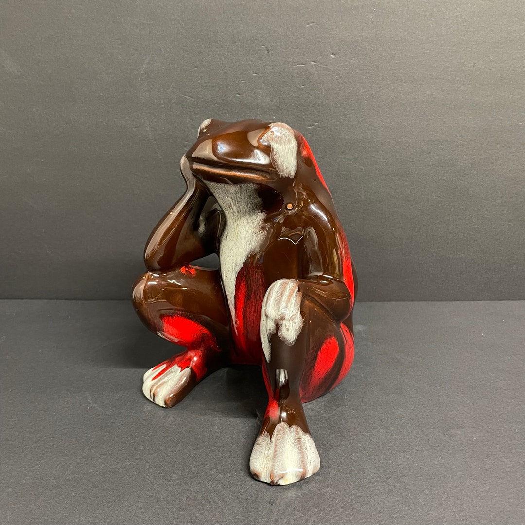 Vintage Red Canadiana Pottery Frog Figurine With Beige Drip Glaze and ...