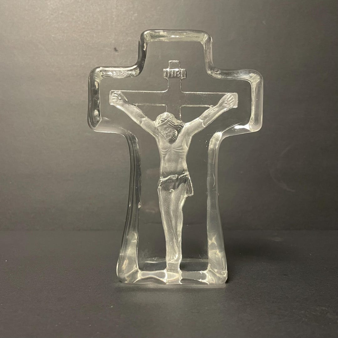 Vintage Clear Glass Cross With Jesus Etched on the Cross Wearing Crown ...