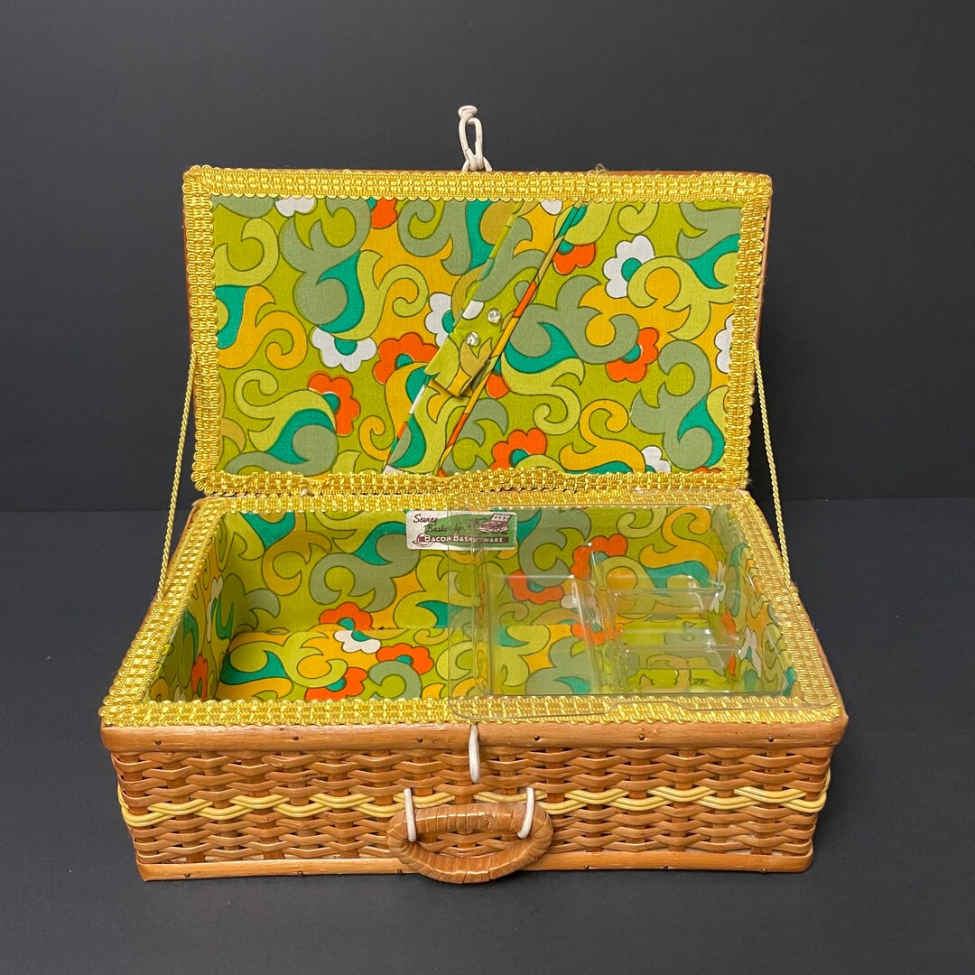 Vintage Wicker Sewing Basket With Plastic Tray 70s Colour Floral Design ...