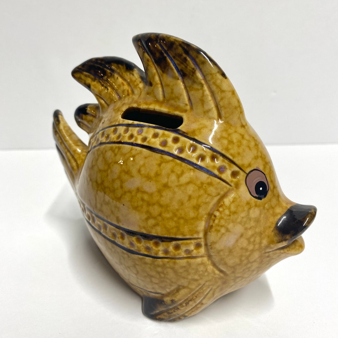 Vintage Ceramic Fish Piggy Bank Coin Bank Brown and Gold Tones Nautical ...