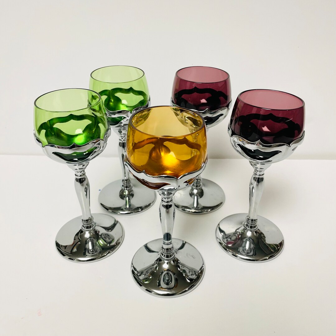 Vintage Farber Bros NYC Coloured Glass Cordial Glasses With Chrome Stem ...