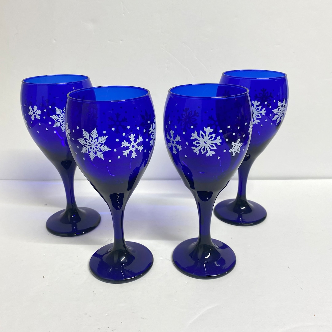 Vintage Libbey Cobalt Blue Snowflake Premiere Wine Glasses 7 1/4” Tall ...