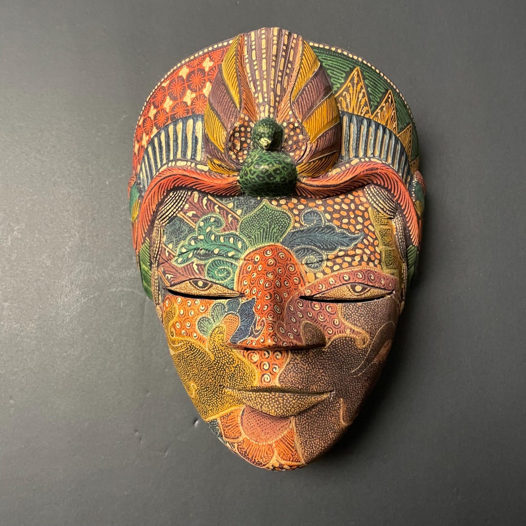 Vintage Balinese Wooden Batik Mask Colourful Hand Carved Wayang Golek ...