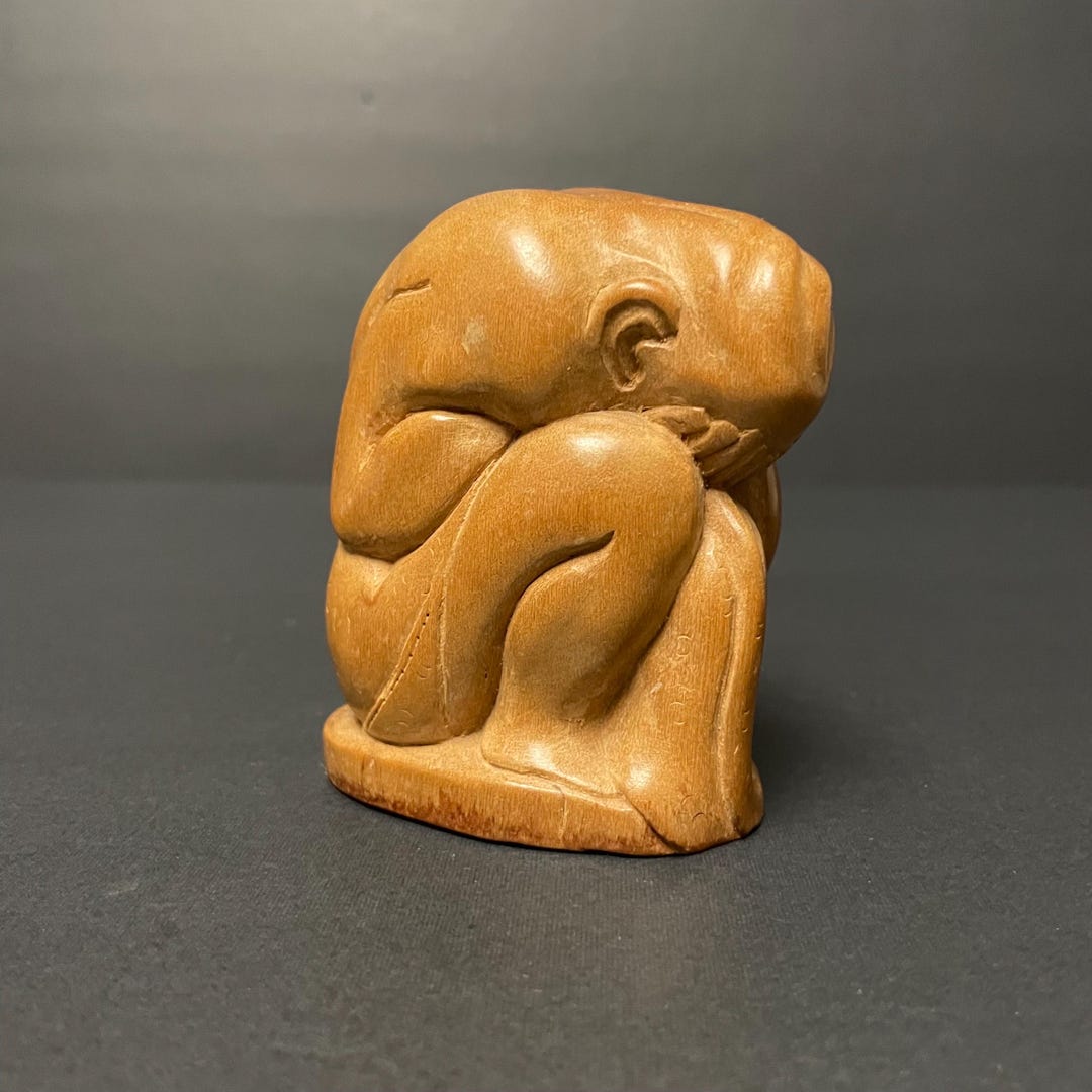 Vintage Wooden Weeping Buddha Figurine Wood Carved Shy Yogi Man ...