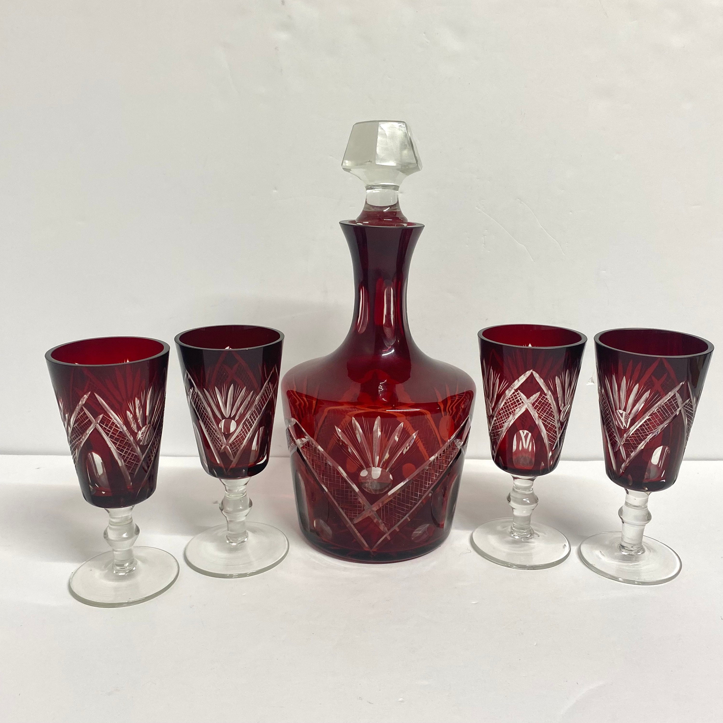 Vintage Cut to Clear Bohemian Decanter Set in Ruby Red Glass - Etsy