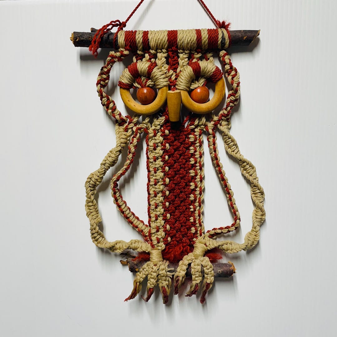 Vintage 1970s Macrame Wall Hanging Owl Mcm Wall Decor in Burnt Orange ...