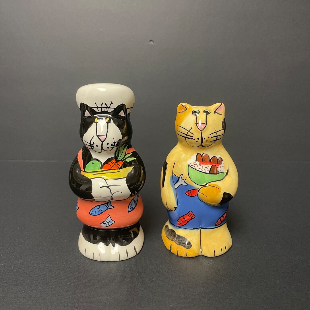 Vintage CATZILLA Salt and Pepper Chef Cat Shakers Anthropomorphic Black ...