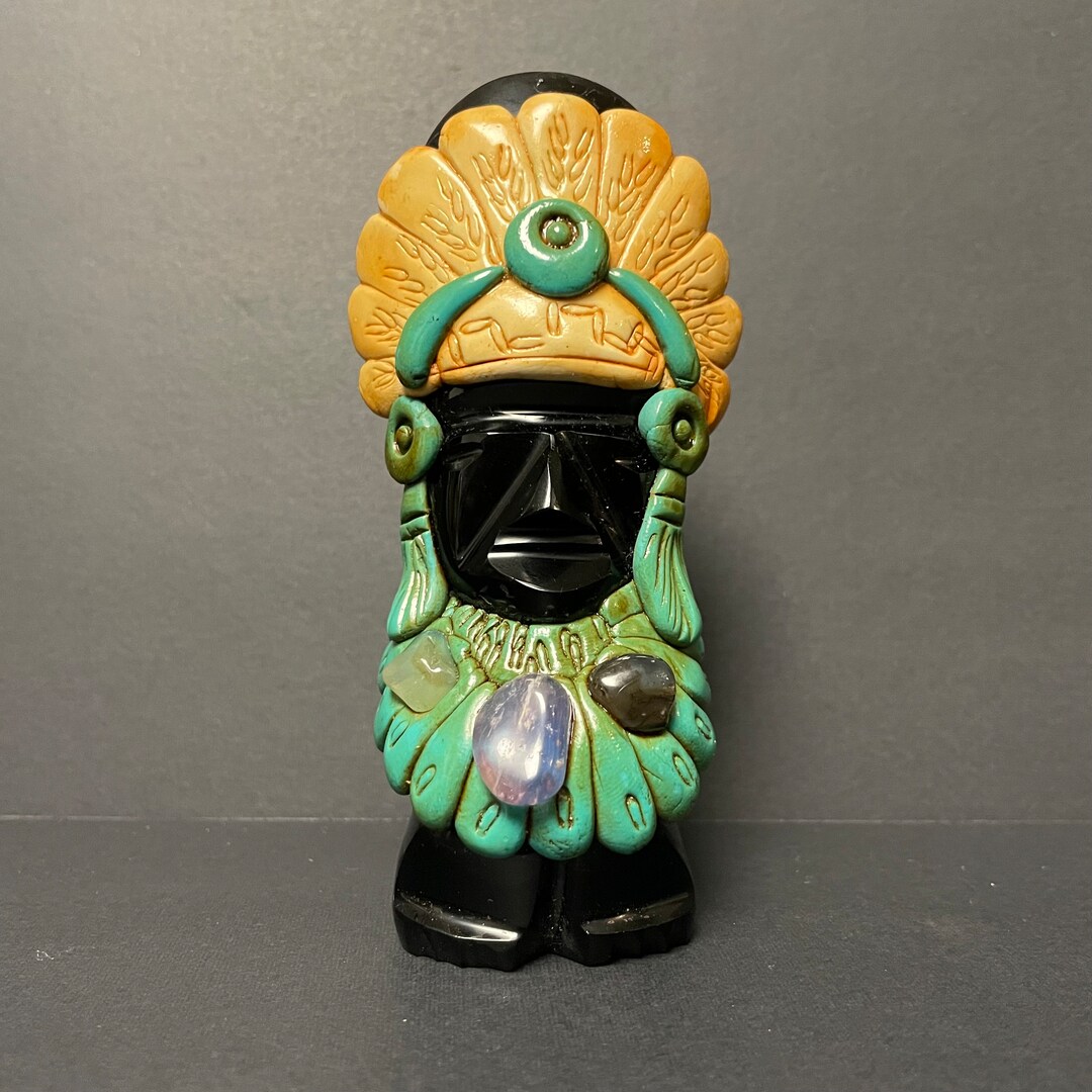Vintage Obsidian Stone Mayan Moon Goddess With Aqua Headdress and Stone ...