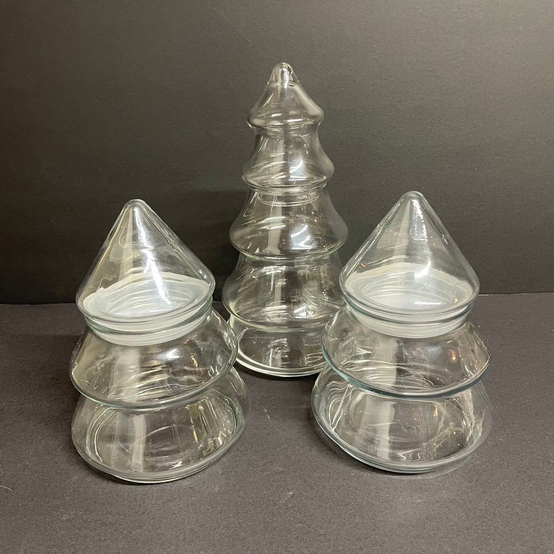 Vintage Set of 3 Glass Christmas Tree Hollow Candy Storage Jars Anchor ...