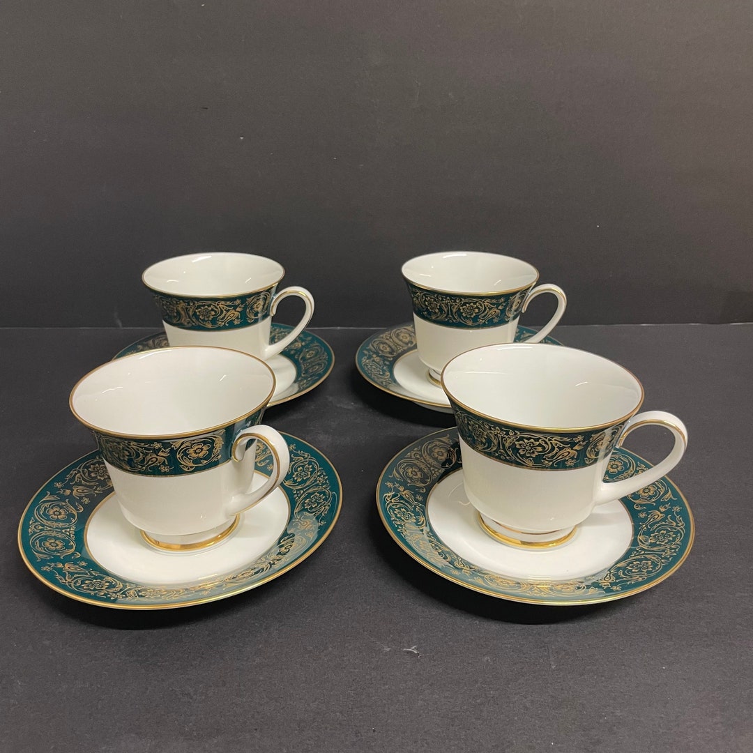 Vintage Noritake Chalmette Tea Cups and Saucers White and Green Cups With Gold Floral Pattern ...