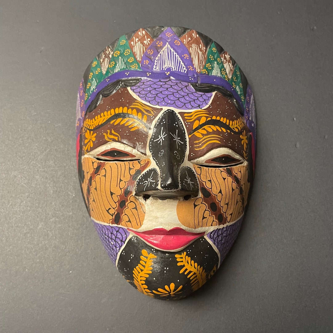 Vintage Balinese Wooden Batik Mask Colourful Hand Carved Purple and ...
