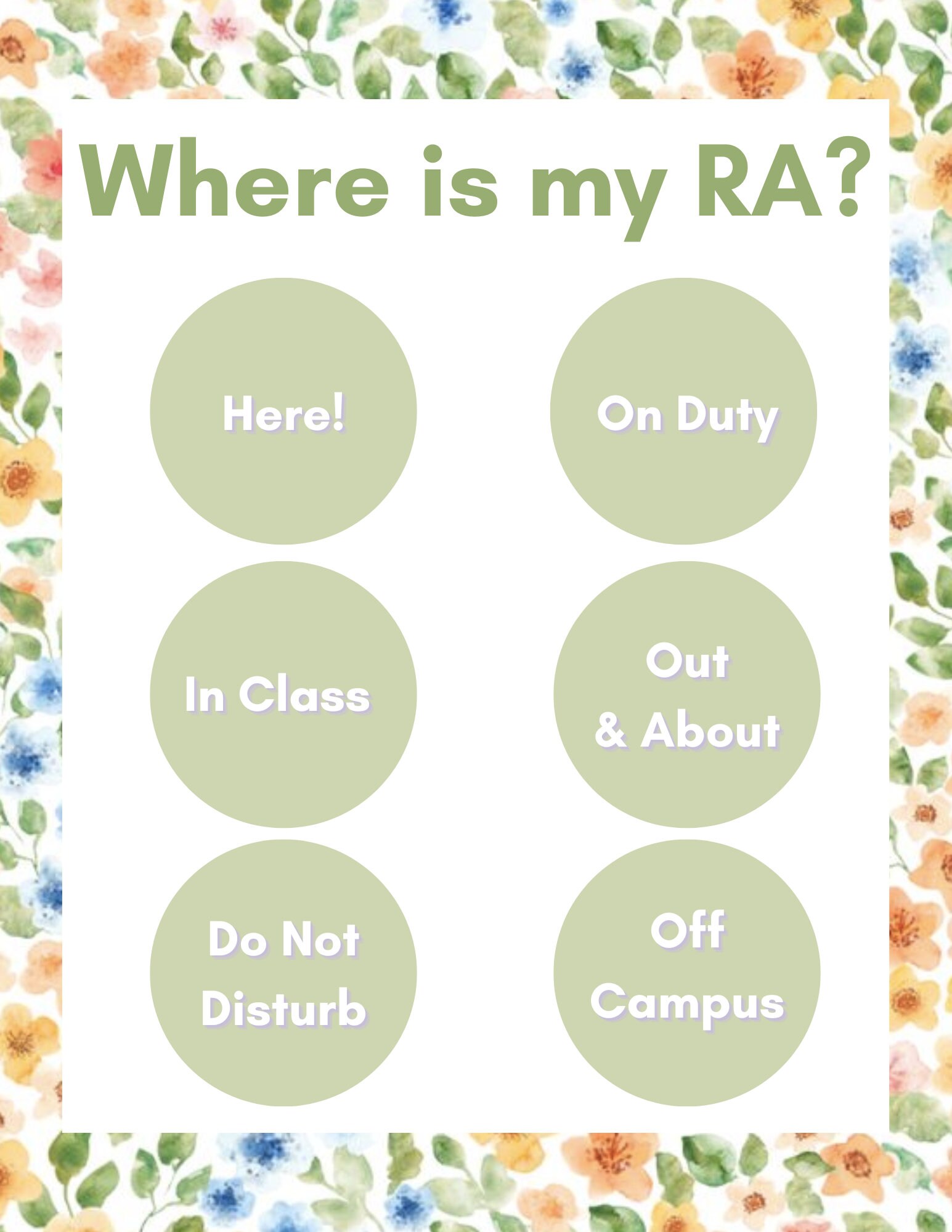 RA Door Sign Editable Green Floral Resident Advisor Sign | Digital ...
