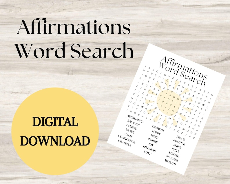 Positive Affirmation Word Search | Printable Instant Download | Self ...