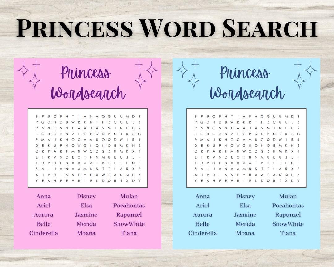 Printable Princess Word Search, Two Color Options, Princess Party Games ...