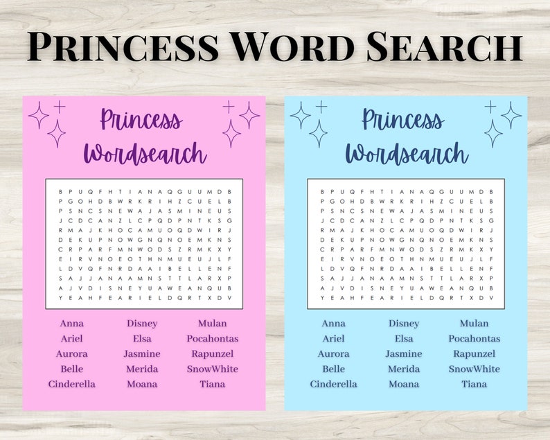 Printable Princess Word Search, Two Color Options, Princess Party Games ...