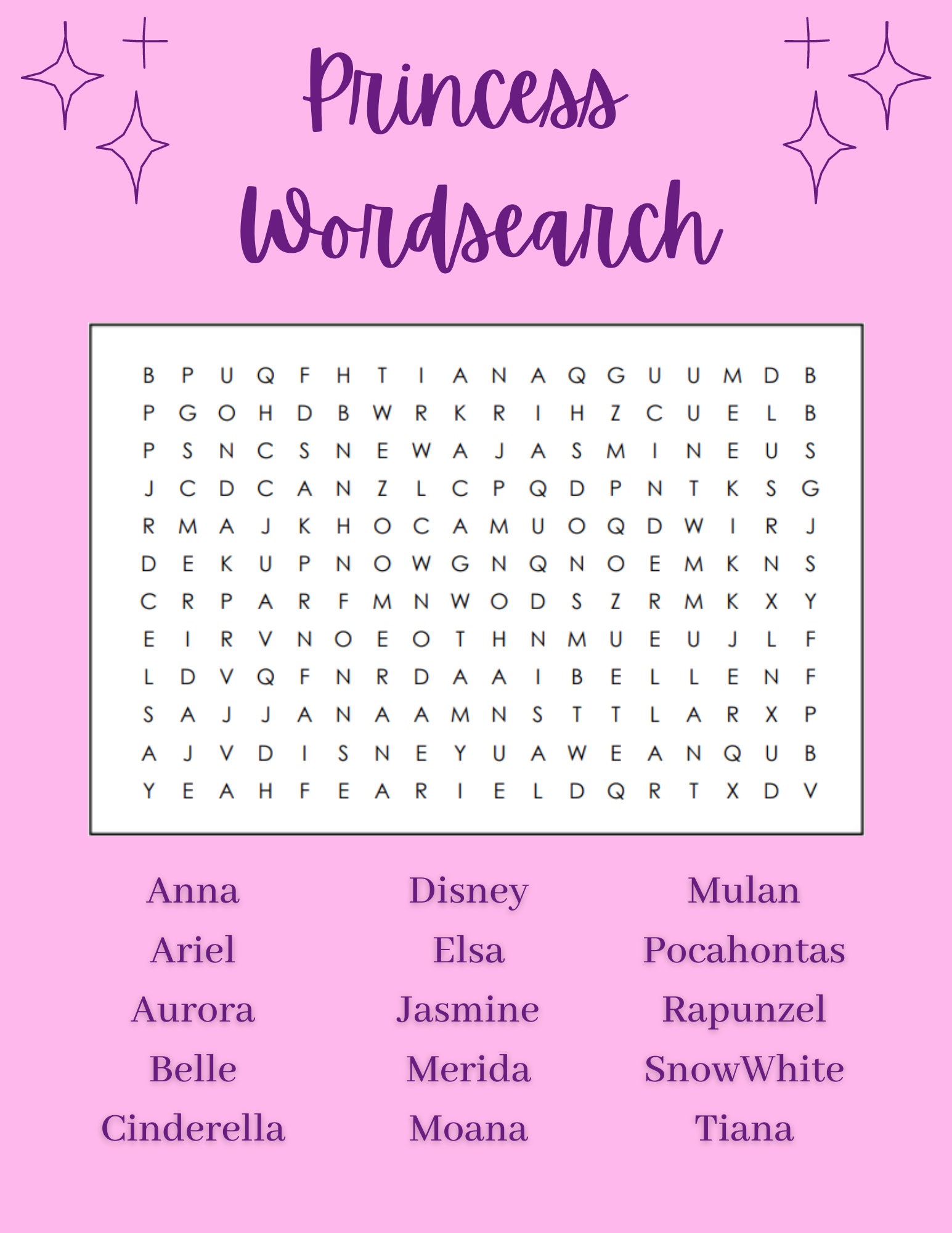 Printable Princess Word Search, Two Color Options, Princess Party Games ...