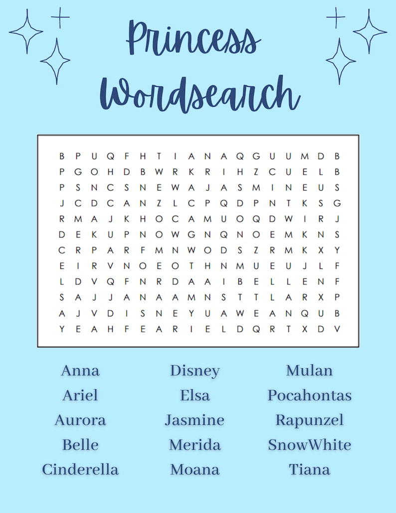 Printable Princess Word Search, Two Color Options, Princess Party Games ...